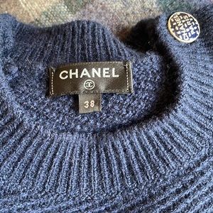 CHANEL | Sweaters | Chanel Navy Blue Sweater With Bottom Detail | Poshmark